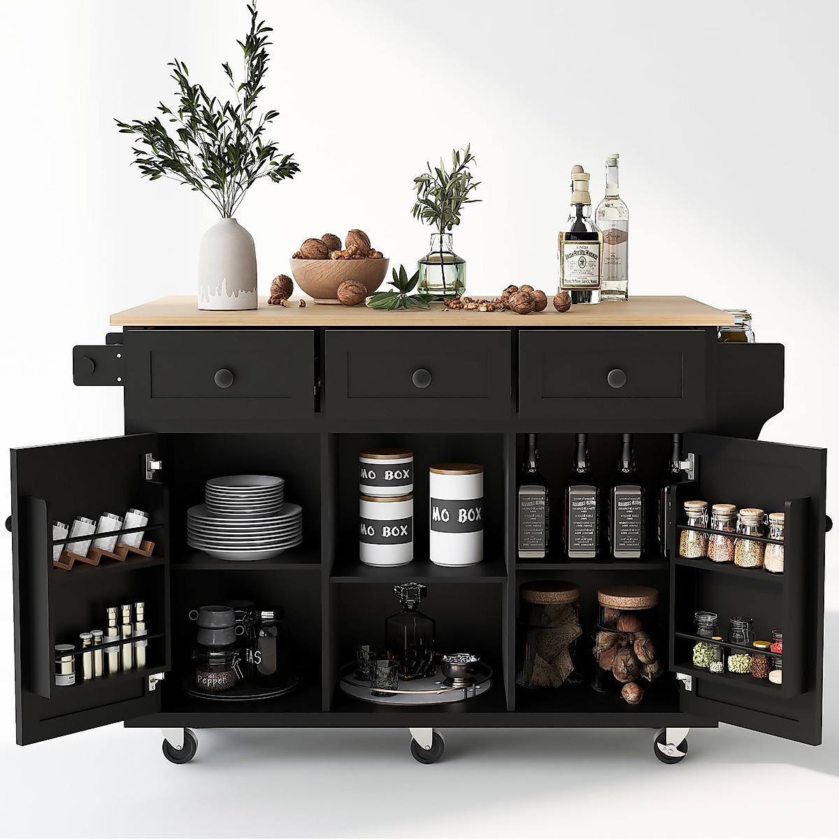 LUMISOL Kitchen Island on 5 Wheels with Wood Drop Leaf, Storage Cabinets and 3 Drawers, Rolling Kitchen Island Cart with Open Storage Shelves, Black