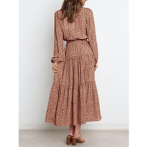 PRETTYGARDEN Women's 2024 Long Sleeve Wrap V Neck Floral Ruffle Tiered Maxi Dress Boho Chiffon Flowy Long Dresses with Belt(Khaki,Medium)