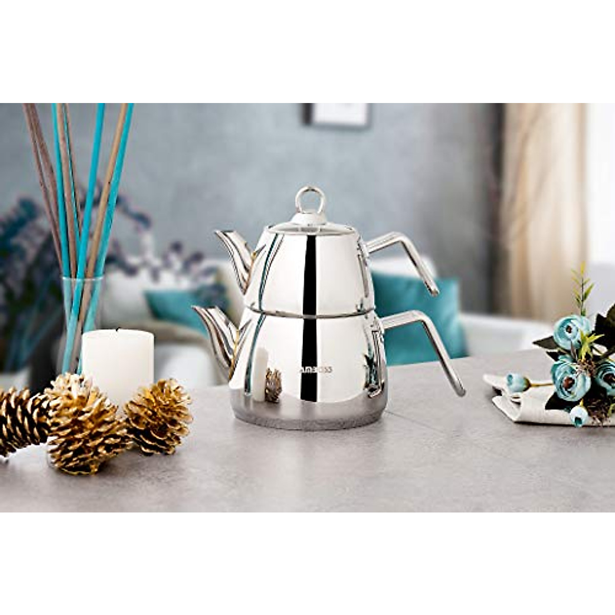 Amboss Aqua Ergonomic Gold Handle Turkish Teapot Set 4 PCS with Steam Lid Stainless Steel Induction Compatible Turkish Tea Set (Steel Handle)