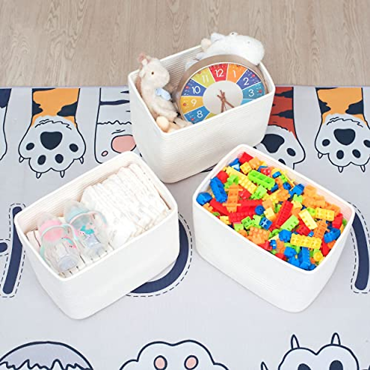 MINTWOOD Design 3-Pack Storage Baskets for Shelves, Playroom and Classroom Storage Basket, Book Basket, Decorative Storage Cube Bins, Woven Closet Organizers, Baby Nursery Baskets, Creamy White