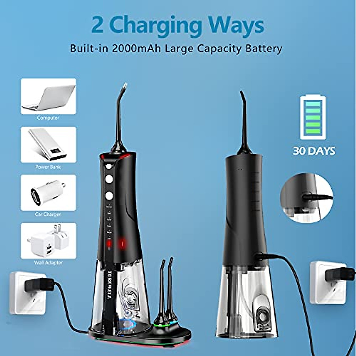 TUREWELL Water Flosser, 300ML Portable Water Teeth Cleaner with 6 Modes, IPX7 Waterproof Oral Irrigator, Waterpick for Travel/Home/Braces (Black)