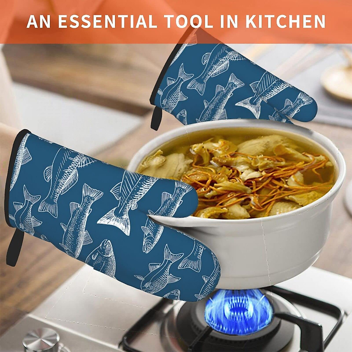 Ocean Fishes Print Oven Mitts Sets,Kitchen Oven Glove High Heat Resistant 500 Degree Oven Mitts and Pot Holder,Surface Safe for Baking, Cooking, BBQ,Pack of 2