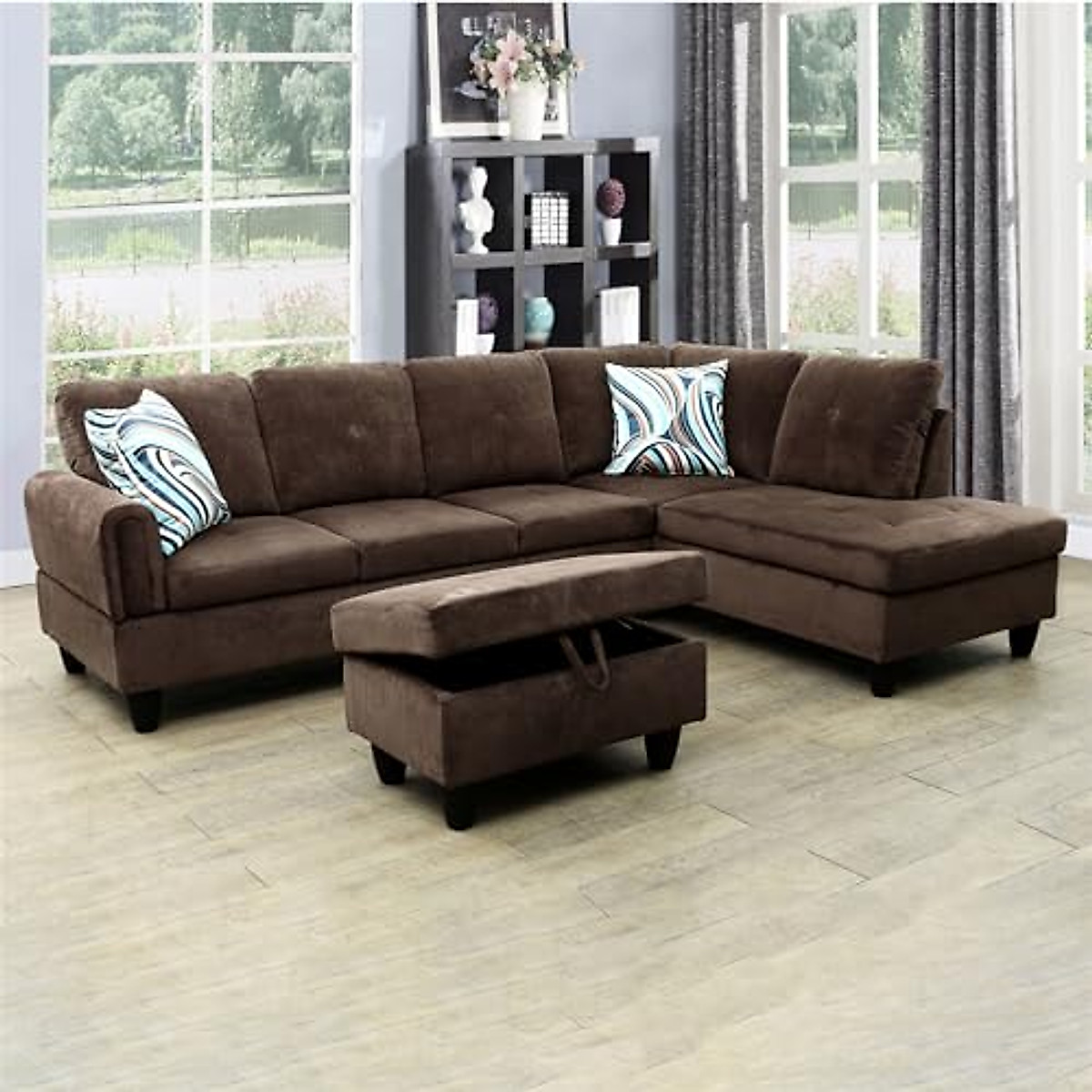 NOTOP 3-Piece Corduroy L-Shaped Sectional Sofas, Button Tufted Upholstered Couch Set with Right Chaise Longue and Storage Ottoman, for Living Room, Home, Office, 97, Dark Brown