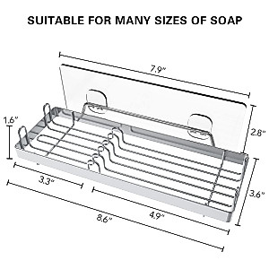 TOMIR Shower Soap Holder for Wall with 4 Hooks, 304 Stainless Steel Soap Dishes for Bar Soap Holder, Soap Caddy 2-in-1 Adhesive Soap Tray Rack Saver for Bathroom Kitchen, Silver
