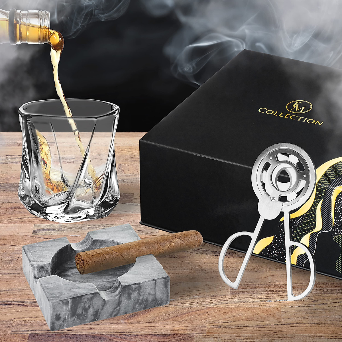 EMCOLLECTION Whiskey Glass Gifts for Men, Bourbon Glasses Old Fashioned | Cigar Cutter Set | Marble Square Cigar Ashtray | Whiskey Glasses Luxury Box | Christmas Gifts for Cigar Lovers