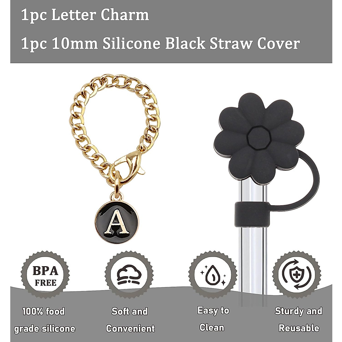 Stanley Cup Accessories, 1pc Flower Stanley Straw Cover Silicone Straw Topper for Stanley 30&40 oz Tumbler with Handle and 1pc Initial Letter Charm for Stanley Cup (Letter A)