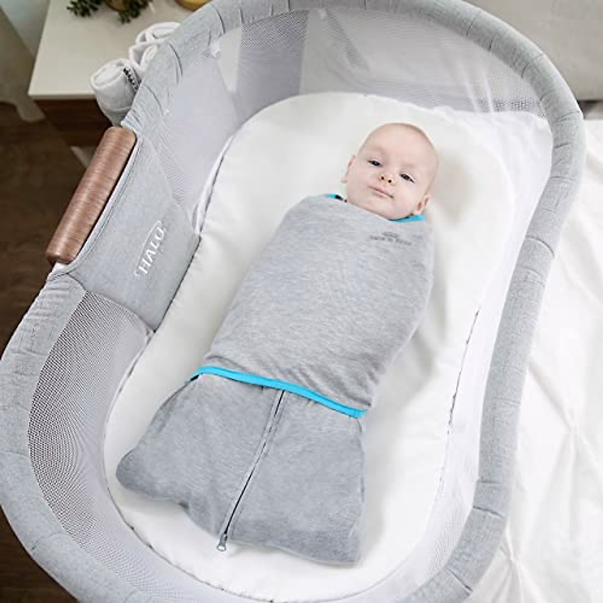 HALO Baby Sleepsack Swaddle Wearable Blanket, 3-Way Adjustable Infant Sleepsack, TOG 1.5, Ideal Temp, Heather Grey/Aqua, Small, 3-6 Months, 13-18 Pounds