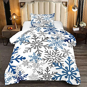 Yilinata Blue Snowflake Comforter Set Winter Christmas Frozen Printed Quilt Bedding Set with 1 Comforter and 2 Pillow Covers for Bedroom Dormroom All Season King 104x90inches