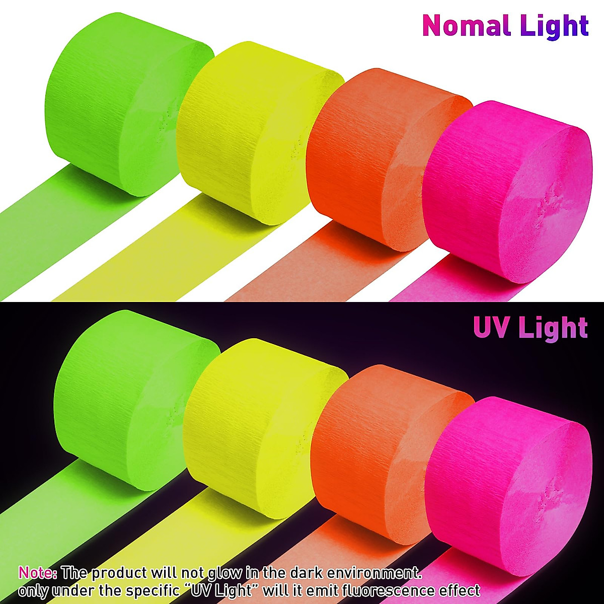 Neon Streamers Glow in The Dark Crepe Paper, Blacklight UV Reactive Fluorescent Streamers for Neon Party