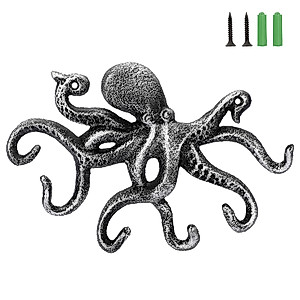 Sumnacon Cast Iron Coat Hook Octopus Towel Holder with 6 Hooks Decorative Towel Rack with Screws Octopus Key Holder Wall Nautical Wall Hook for Enterway Bathroom Retro Silver