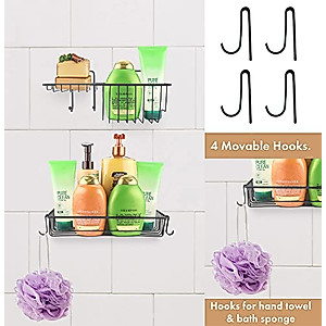 Shower Caddy Basket Shelf, Bath Accessories , Shampoo Holder Organizer No Drilling Wall Mounted Adhesive Bathroom Storage Black Stainless Steel (Black) - 2 Pack