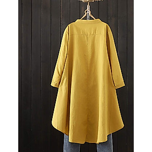 Minibee Women's Cotton Linen Shirt High Low Button Down Embroidered Blouse Long Sleeve Tunic Tops With Pocket Yellow 2XL