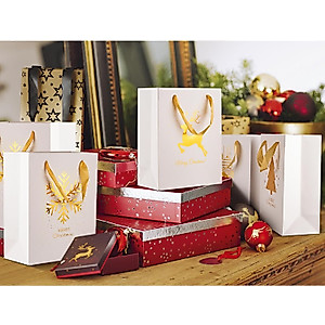 12 PCS Christmas Holiday Foil Gold Gift Bags,4 Designs,Perfect for Christmas Thanksgiving New Year Party Favor,White Winter Prints,Holiday and New Year Party