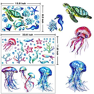 71 Pcs Ocean Wall Decals, Removable Waterproof Self-Adhesive Ocean World Jellyfish Turtle Tropical Fish Wall Stickers for Kids, for Kids Bedroom Bathroom Wall Decor