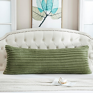 Yaoshuho Furry Faux Rabbit Fur Body Pillow Case Cover, Luxury Plush Striped Body Pillowcase with Zipper, Decorative Velvet Long Body Pillow 21 x 54 Inches, Sage Green