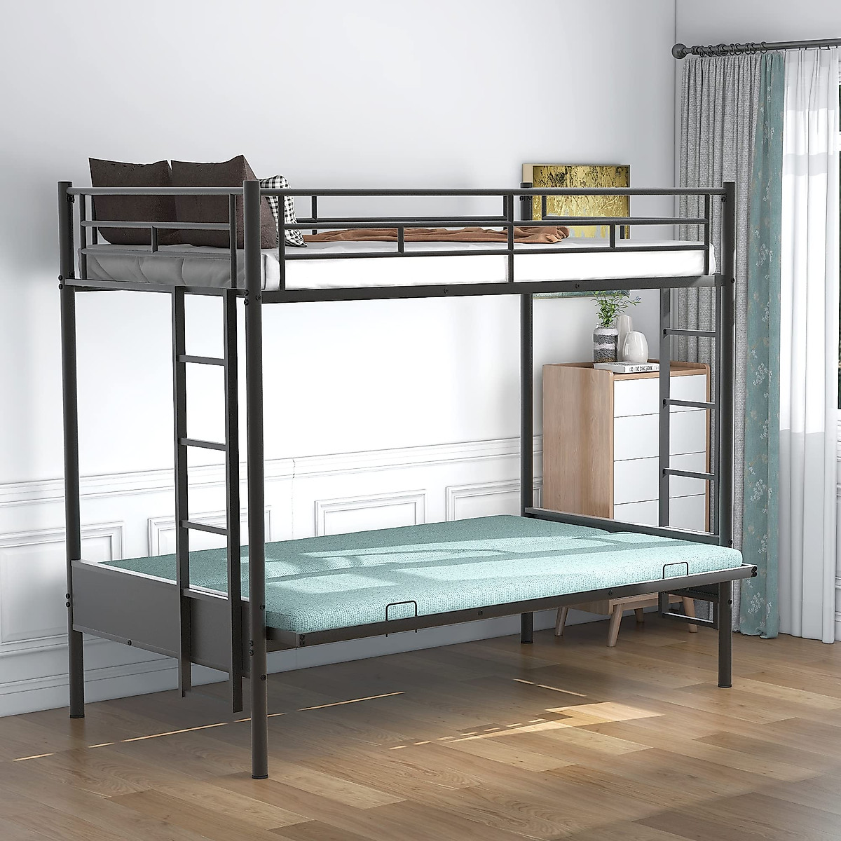 SOFTSEA Twin Over Full Metal Bunk Bed Industrial Style Twin Over Futon Bunk Bed for Kids (Futon Bunk)