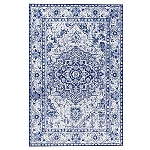 OHWPEAT 5x7 Feet Boho Vintage Living Room Area Rug, Lightweight Non-Shedding Carpet, Hardwearing Stain-Resistant Machine Washable, Non-Slip Rug for Bedroom Office Dining Room Kids Room, Blue Rugs
