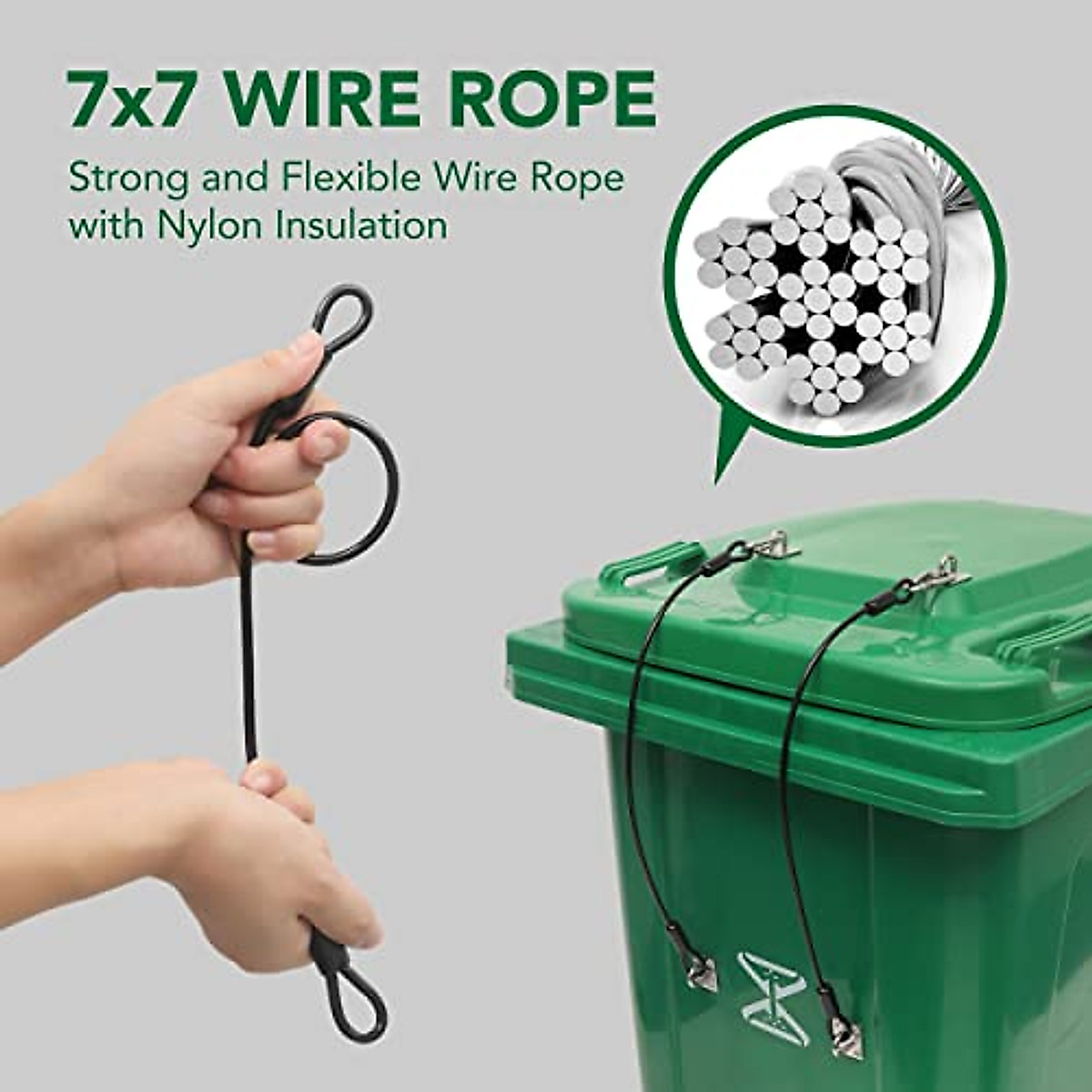 (2-Pack) Garbage Can Lock, Trash Can Lock Kit with Nylon Coated Wire Ropes, Stainless Steel Hasps, Mounting Hardware, Bonus Self-Tapping Screws