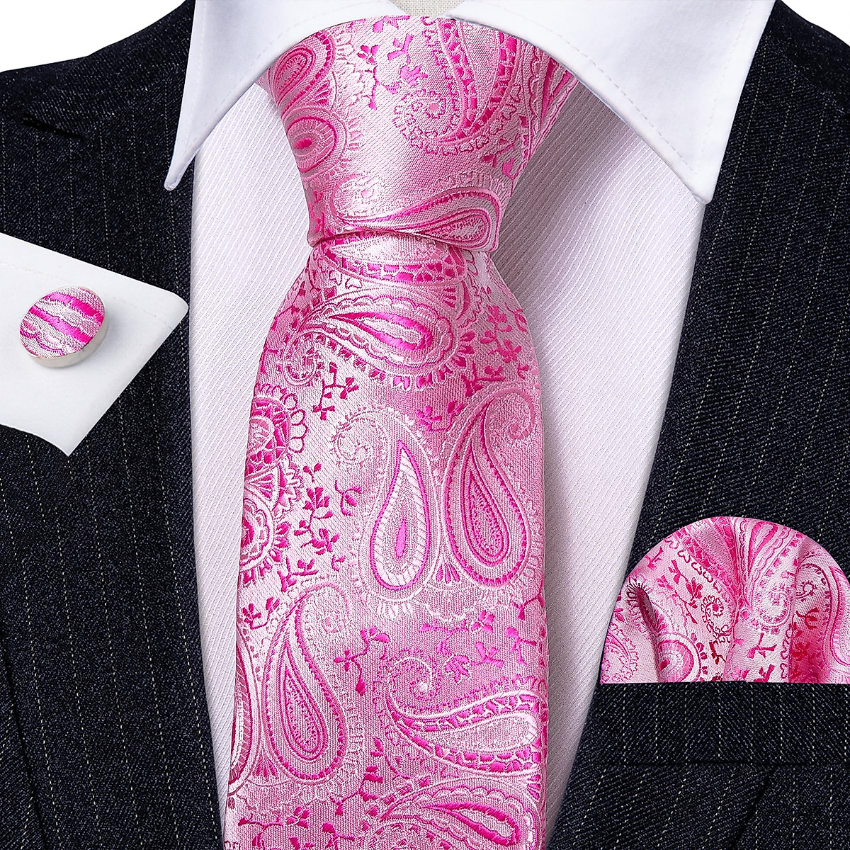Barry.Wang Paisley Tie Fashion Set Hanky Cufflinks Neckties for Men Woven Silk Pink