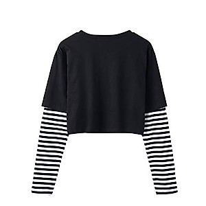 SweatyRocks Women's Color Block Butterfly Print Striped Long Sleeve Crop Top T Shirt Floral Black White S