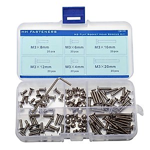 M3 Stainless Steel Flat Socket Head Cap Screw Qty 120-piece Assortmrnt Set M3x4 M3x6 M3x8 M3x12 M3x16 M3x20mm