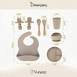 Yunioo Extra Heavy Silicone Baby Feeding Set Essentials, Premium 9-Piece Set of Baby Led Weaning Supplies with Silicone Baby Plate with Lid, Superior Suction Bowl and Baby Utensils - Beige