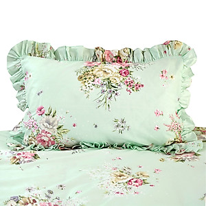 FADFAY Light Robin Egg Blue Duvet Cover Sets Floral Girls Bedding Set 100% Cotton Ruffled Farmhouse Bedding for Women Elegant Garden Style Dorm Bedding (3-Piece, Full Size)