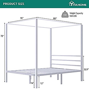 YITAHOME Metal Four Poster Canopy Bed Frame 14 Inch Platform with Built-in Headboard Strong Metal Slat Mattress Support, No Box Spring Needed, White, King Size