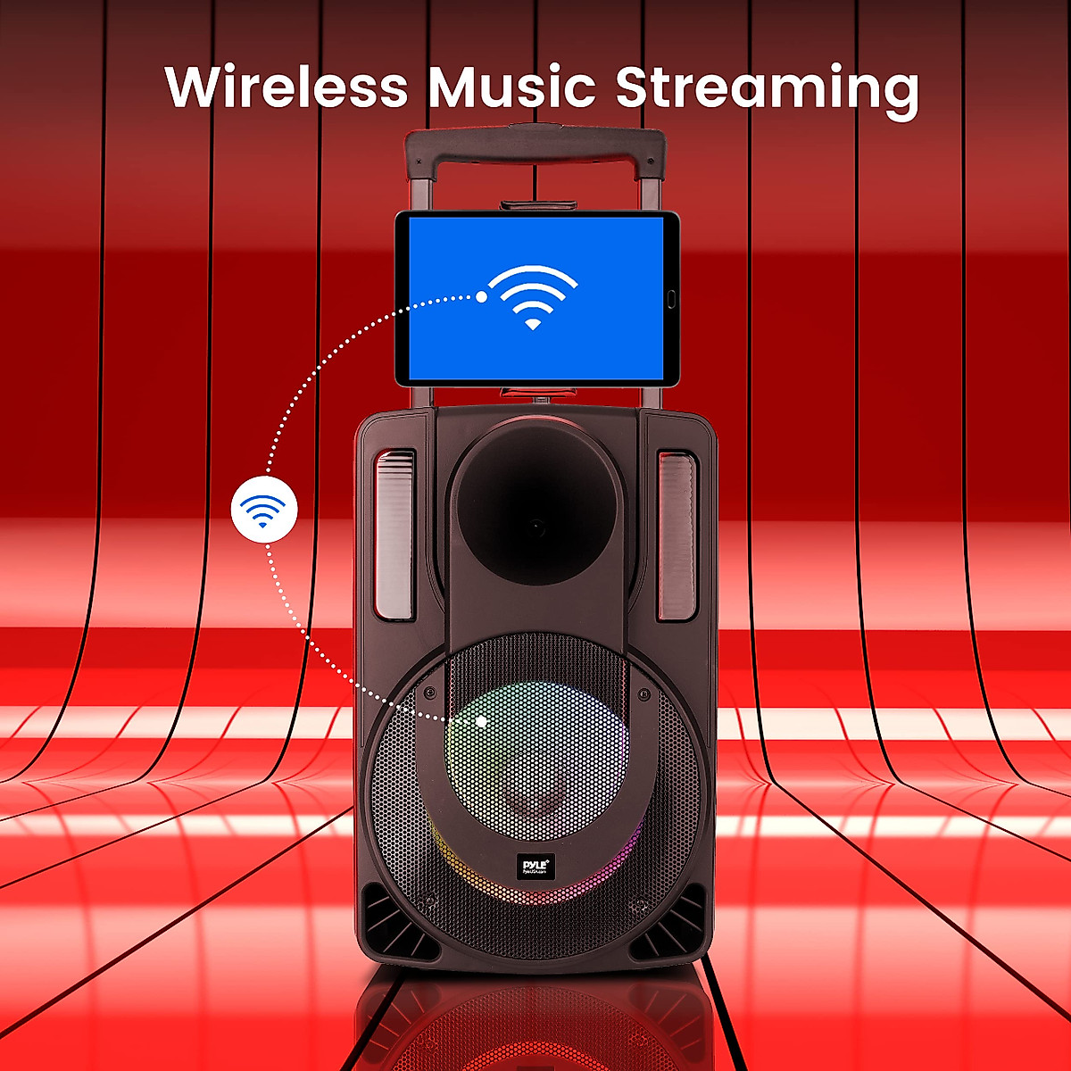 Pyle 12’’ Portable PA Speaker System - Wireless BT Streaming PA & Karaoke Party Audio Speaker, Two Wireless Mic, Wired Microphone, Tablet Stand, Flashing Party Lights, MP3/USB//FM Radio - PHPWA12TB