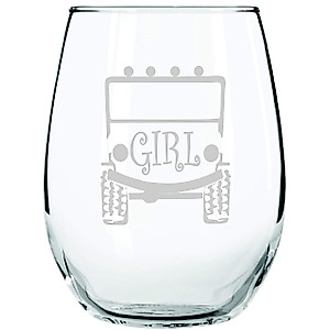 Trucker GIRLS like offroad too! STEMLESS WINE GLASS | Off Road Rock Climber or Mall Crawler | Woman or Girl Offroaders 4 X 4 | 15 Ounce | Birthday, Anniversary