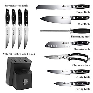 TUO Kitchen Knife Set - 12 Pcs Knife Set with Wooden Block - Premium Forged German Stainless Steel, Ergonomic Pakkawood Handle - BLACK HAWK SERIES with Gift Box