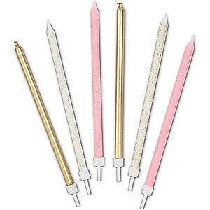 Metallic Glitter Long Thin Birthday Cake Candles in Holders (5 in, 48 Pack)