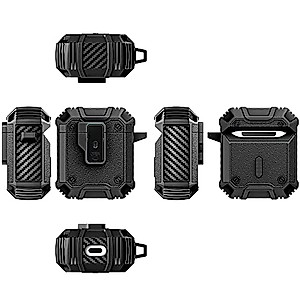 Jusy Military Case Compatible with Airpods 1&2, Rugged Protective Cover with Keychain Clip Accessories, Full Body Shockproof Heavy Duty Hard Skin Wireless Charging (Black)