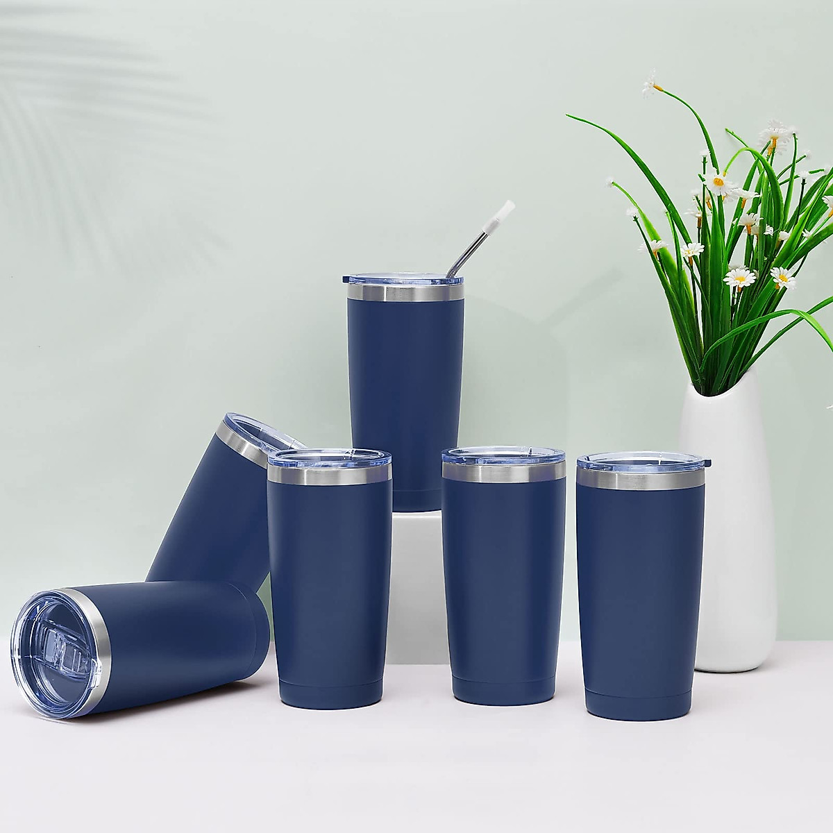 Futtumy 6 Pack Stainless Steel Travel Tumblers, 20 Oz Tumbler with 12 Lids, Insulated Coffee Tumblers, Double Wall Travel Tumblers, Thermal Cup, Powder Coated Coffee Cup for Hot Cold Drinks(Navy Blue)