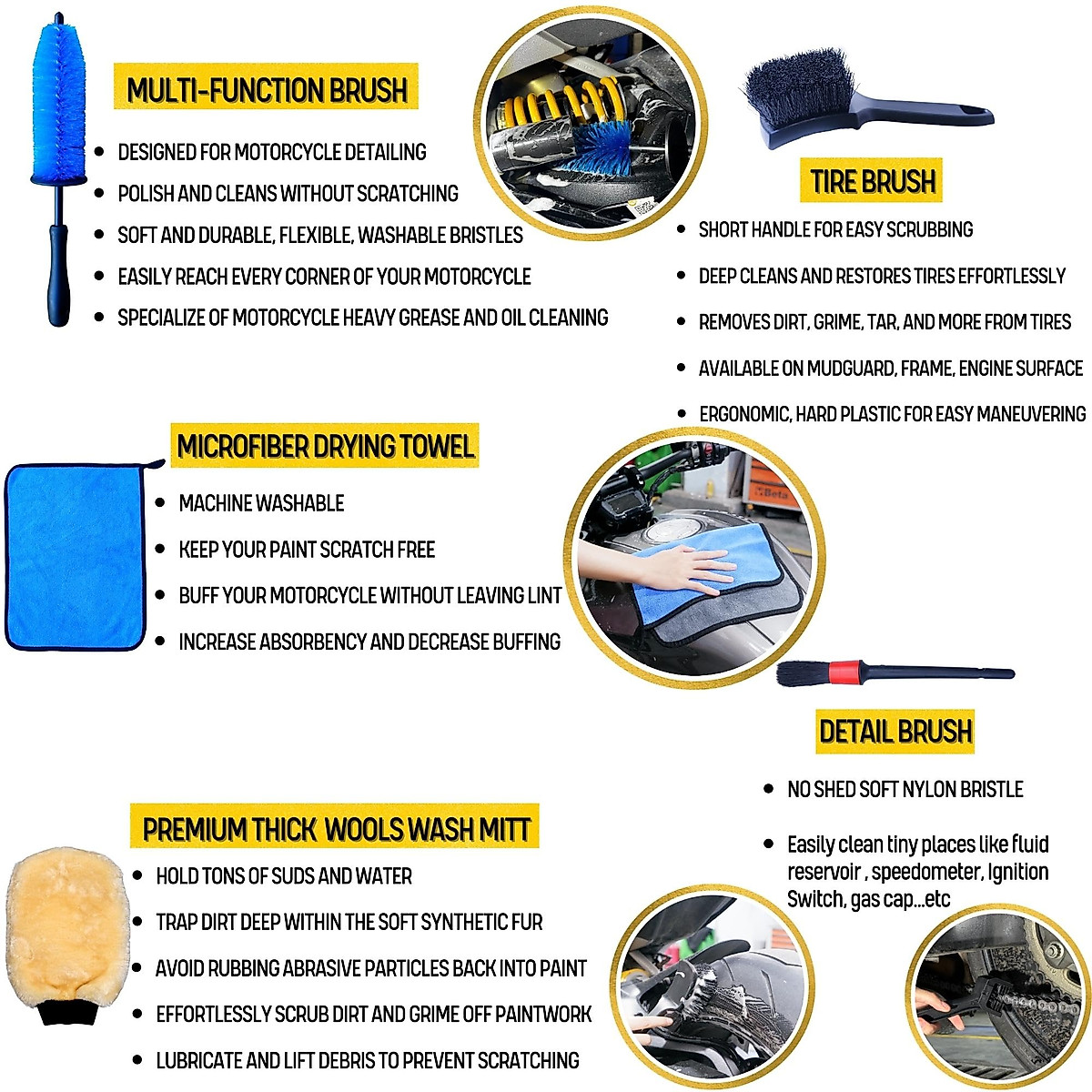 Motorcycle Cleaning Brush Kit 6 Pack, Easy Reach Brush, Chain Brush,Wool Wash Mitt, Stiff Tire Brush, Detailing Brush& Microfiber Towel for Motorcycle Mudguard, Rims,Exhaust, Frame Detailing Wash Kit