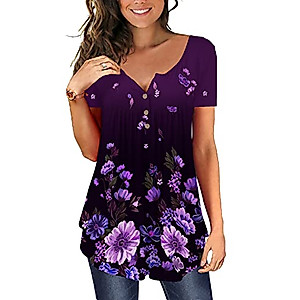 Plus Size Womens Tunic Tops To Wear With Leggings Summer Short Sleeve Henley Shirts Casual Ruffles Button Up Blouses Purple Print 3XL