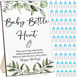 Chunful 51 Pcs Baby Shower Games Include Greenery Baby Bottle Hunt Sign Wooden Baby Gift Sets and 50 Pcs Resin Baby Bottle Shower Favor for Baby Shower Gender Reveal (Blue)