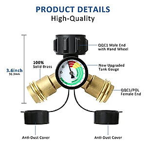 ATKKE Propane Y Splitter, Propane Tank Gauge, Gas Bottle Adapter, 2 Way LP Gas Level Indicator for 5lb-40lb Propane Cylinder, Great for BBQ, Gas Grill, RV, Camping Stove, Heater