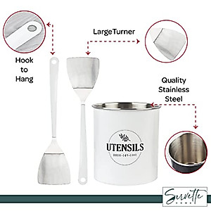 Stainless Steel Utensil Holder with 2 pc Set of Turners -White Crock Caddy for Large Utensil Holder for Kitchen Counter.