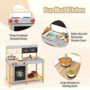 Costzon Mud Kitchen for Kids Outdoor, Wooden Pretend Play Kitchen with Removable Sink, Stoves, Storage Shelf, Toddler Backyard Toy Kitchen Set, Kids Kitchen Set for Boys Girls Age 3+