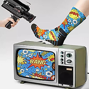 JDQ 3 Pairs Funny Socks- Mens Stocking Stuffers Christmas Novelty Gift, Crazy Cool Socks, Graffiti Pattern Colorful Dress Calf Crew Socks, Women Men Teens- M