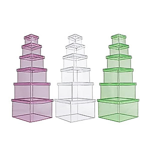 Stackable Pink Clear Cube Organizer, Set of 6 Transparent Box with Lids Assorted Sizes, Nesting Storage