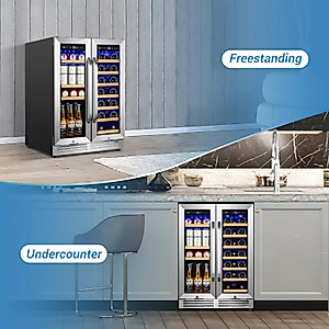 Velivi Wine and Beverage Refrigerator Under Counter, 24 Inch Beverage Fridge Dual Zone with Glass Door, Freestanding & Built In Beverage Cooler with Increase Capacity Space, Advanced Cooling System