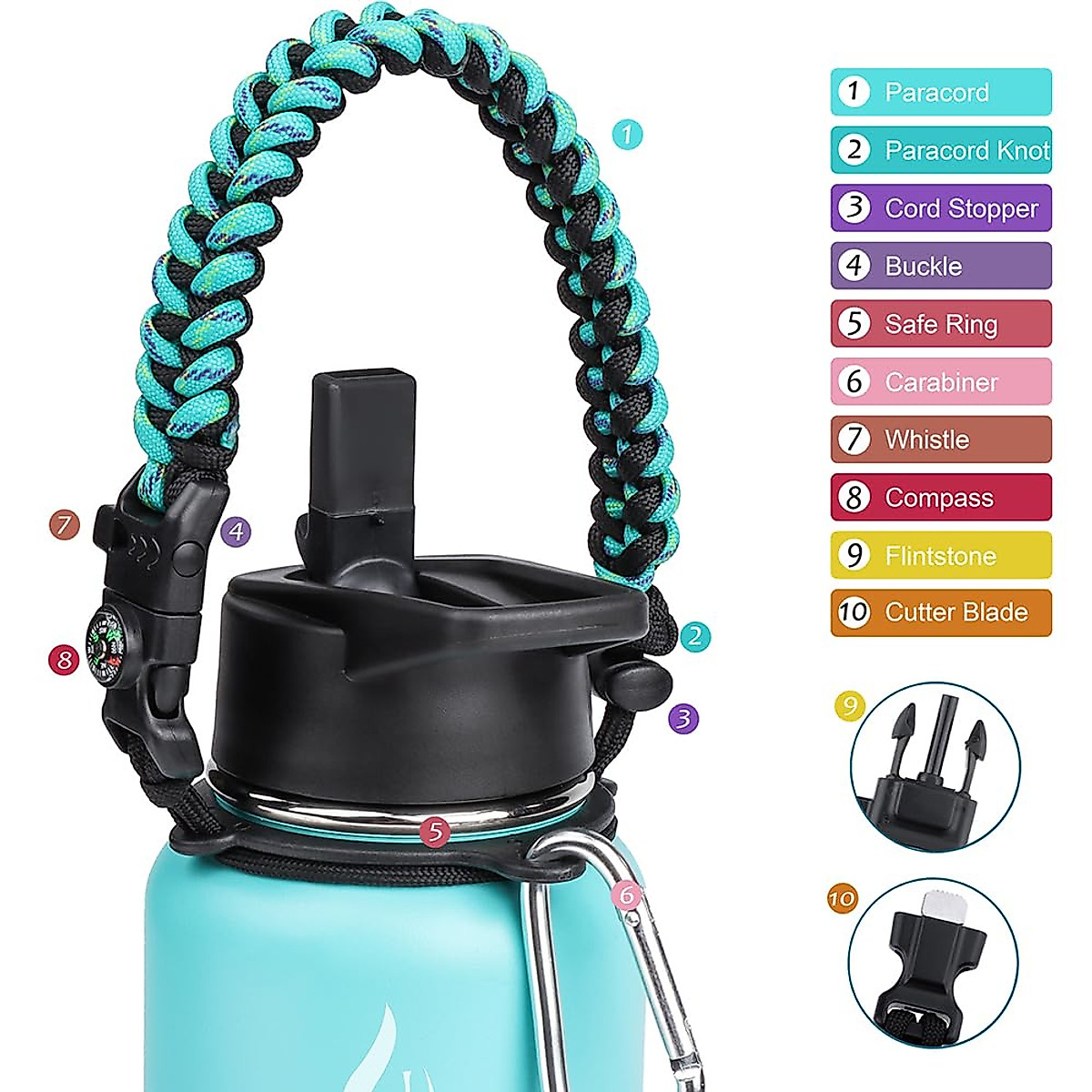 AMITER Insulated Bottle with Straw & Spout Lid, Wide Mouth Stainless Steel Water Bottles with Paracord Handle - 22oz, 32oz, 40oz, 64oz