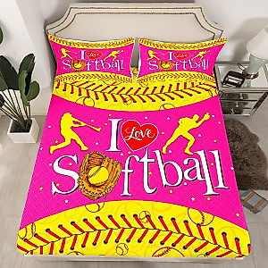 Softball Player Bedding Set Twin Size Sports Softball Bed Set for Girls Teens Bedroom Decor Kids Yellow and Pink Fitted Sheet Soft Microfiber Gaming Bed Cover(1 Fitted Sheet+1 Pillow Case)