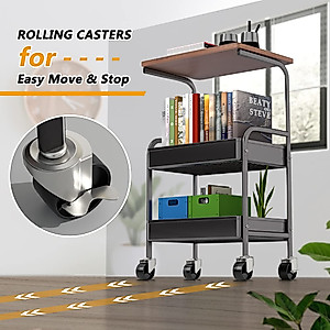 HIDODO Rolling Cart with Wooden Tabletop, 3 Tier Metal Utility Cart, Rolling Storage Organizer Cart with Lockable Wheels for Kitchen, Office, Bedroom (Black)