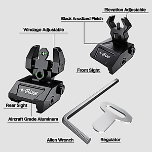 QR-Laser Tactical Flip Up Iron Sight Low Profile Front Rear Dot Sight Compatible for Picatinny Rail and Weaver Rail of Rifle, Premium Foldable Sights Double Aperture Spare Scope Backup Sight Set