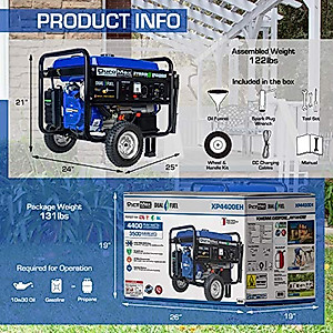 DuroMax XP4400EH Dual Fuel Portable Generator-4400 Watt Gas or Propane Powered Electric Start-Camping & RV Ready, 50 State Approved, Blue and Black