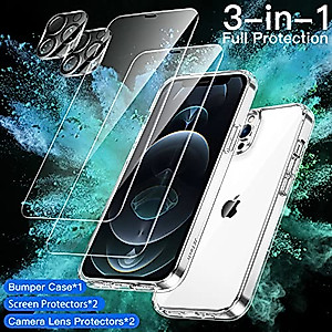 JETech 3 in 1 Case for iPhone 12 Pro Max 6.7-Inch, with 2-Pack Screen Protector and Camera Lens Protector, Non-Yellowing Shockproof Bumper Phone Cover, Full Coverage Tempered Glass Film (Clear)