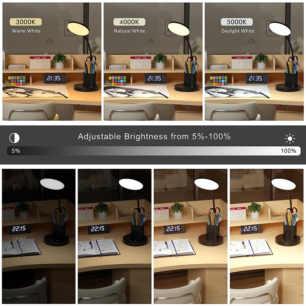 comzler Small Desk Lamp, LED Desk Lamps with Pen Phone Holder, Black Desk Light for Home Office,8W 3 Modes Dimmable LED Desk Light for Kids, Desktop Study Lamps for Bedrooms